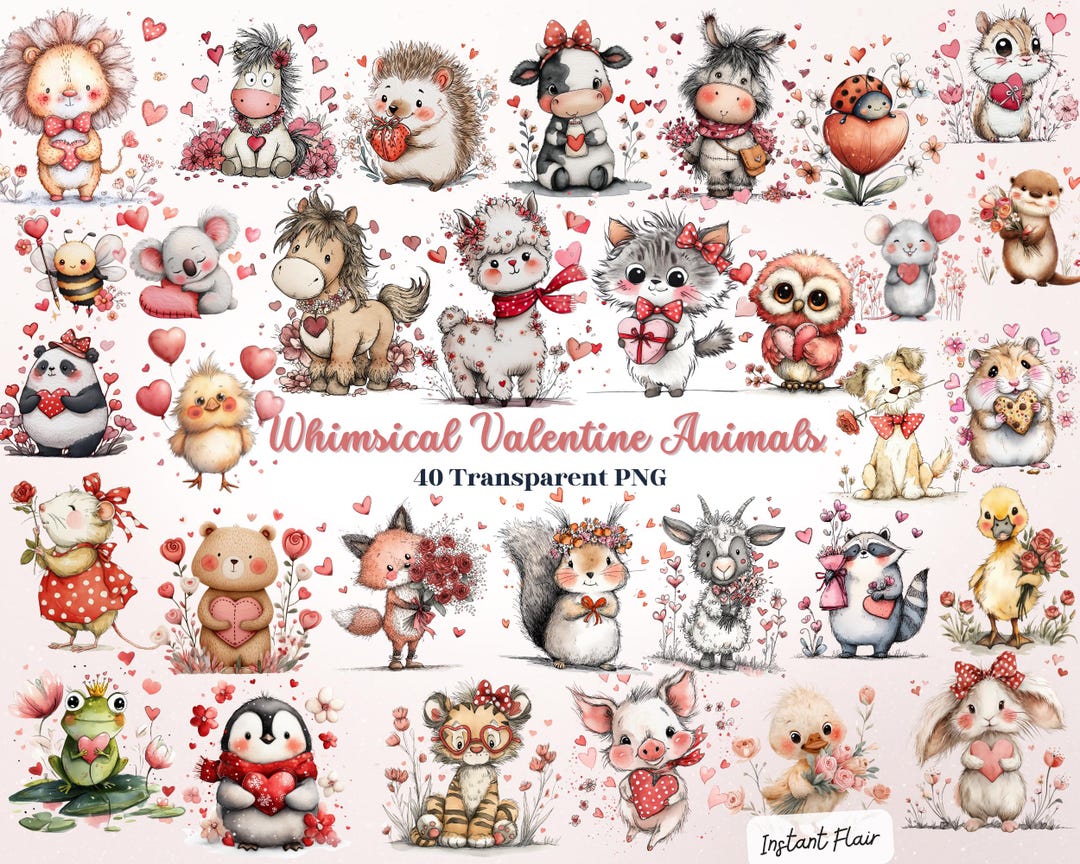 Valentine Animals Clipart | 40 PNG Illustrations (digital Download - Etsy