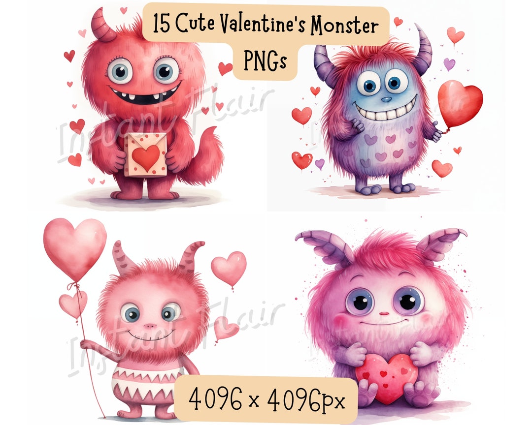 Cute Valentine's Monster Watercolor Clip Art Bundle, PNG Designs ...