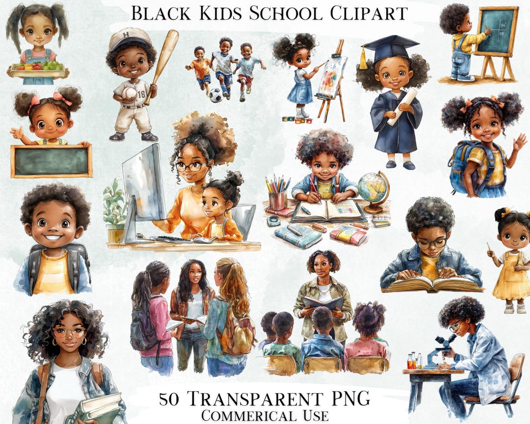 Black Kids School Clipart Bundle, PNG Graphics (commercial Use) - Etsy