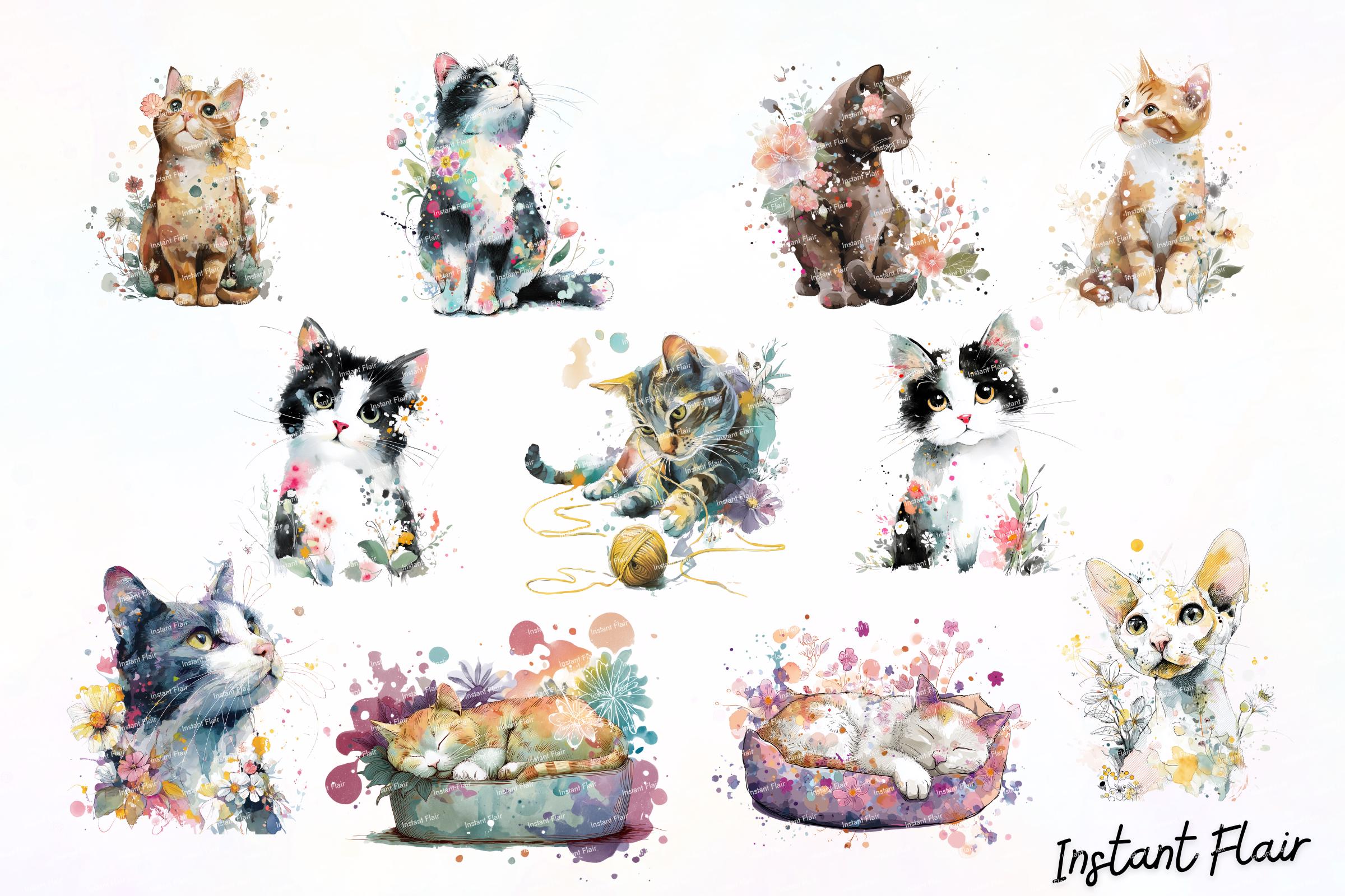 Floral Cat Watercolor Clipart Bundle | Whimsical Kitty PNG Set (digital ...
