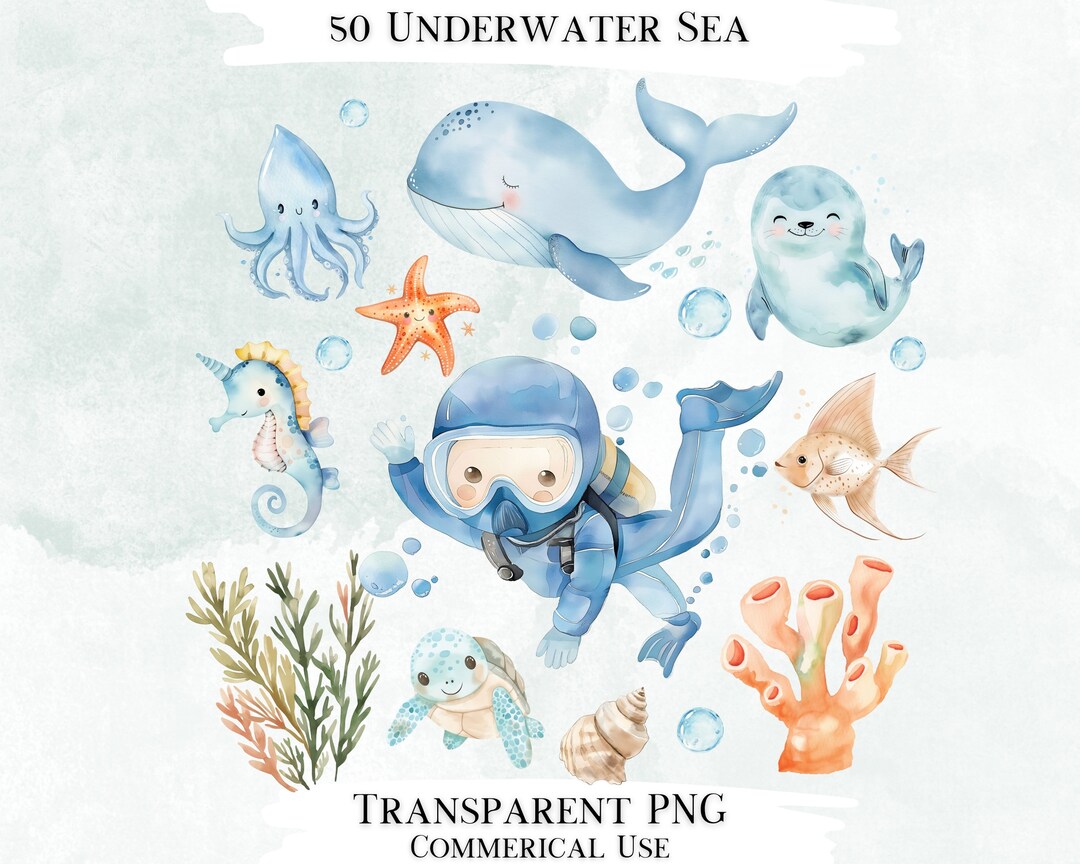 Underwater Sea Clip Art Bundle, 50 Transparent PNG Designs, Decorative ...