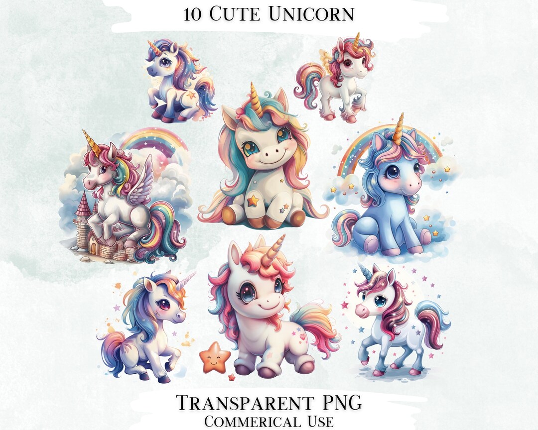 Watercolor Unicorn Clipart Bundle: Transparent PNG Designs (commercial ...