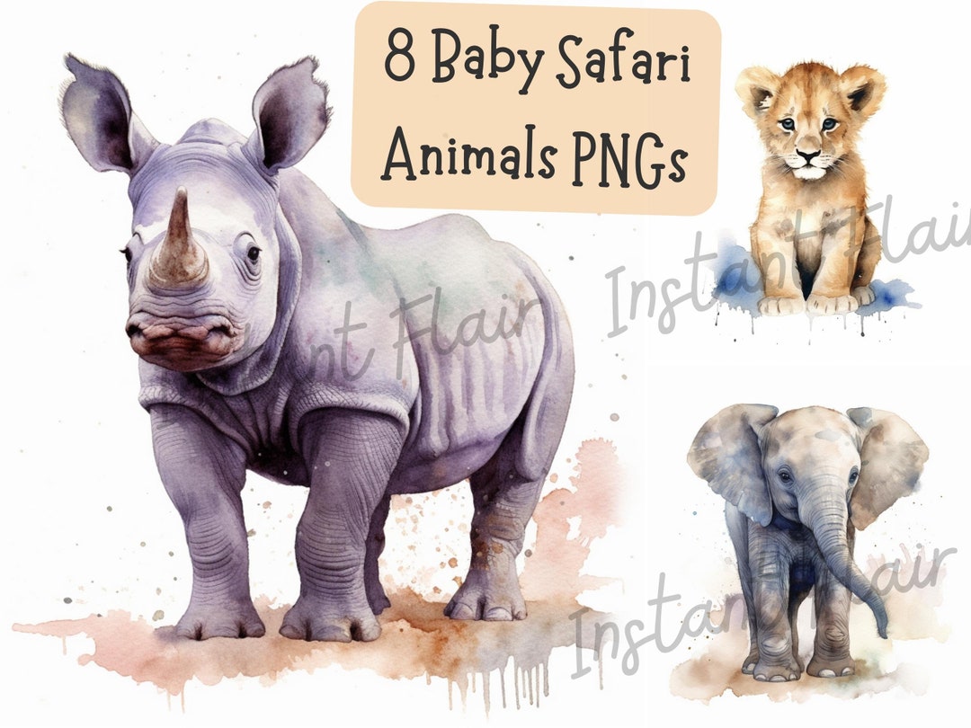 Baby Safari Animals Clip Art Bundle 8 PNG Designs Watercolor Cute Artsy ...