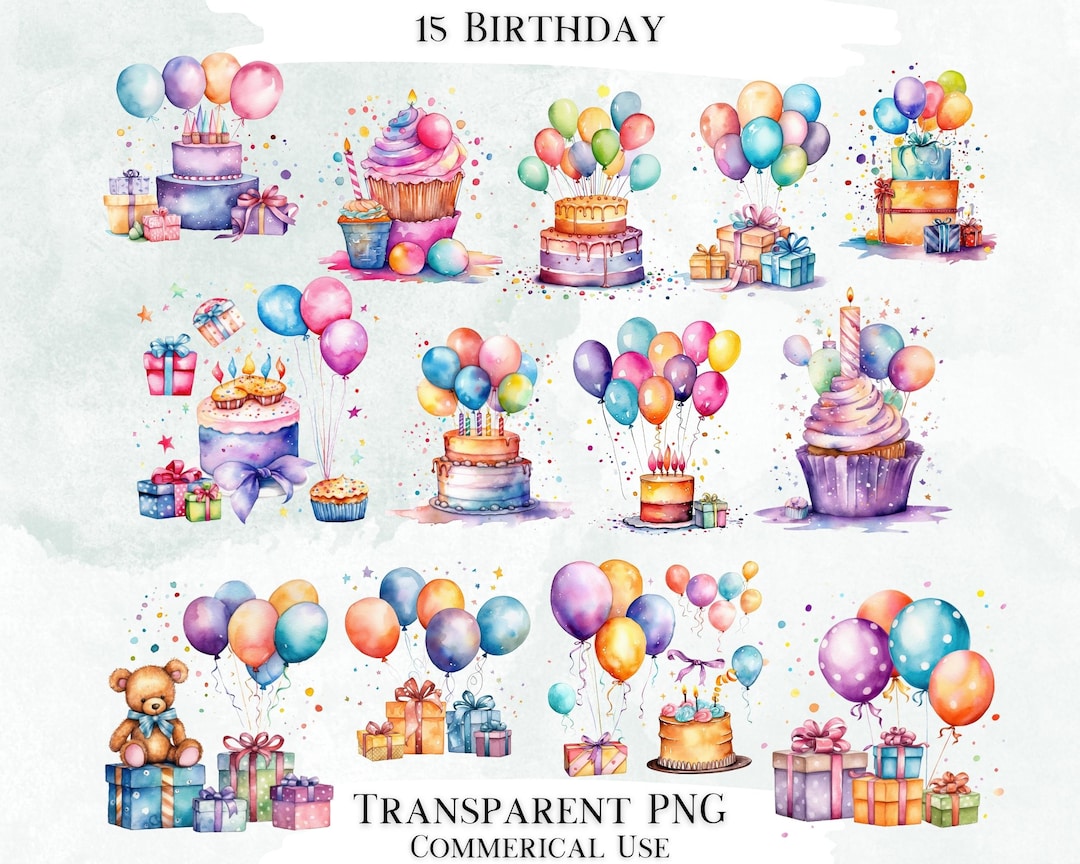 Watercolor Birthday Clip Art Bundle, Party Designs (PNG Digital ...