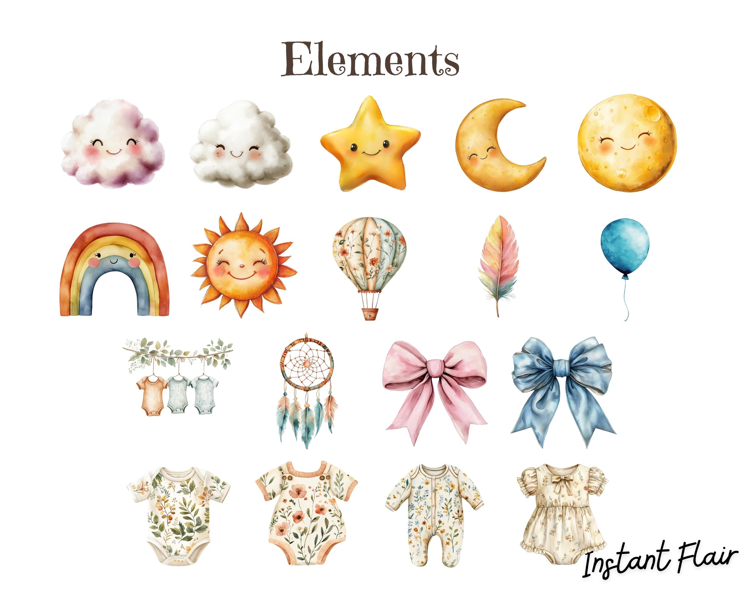 Boho Baby Clipart Bundle – 100 Elements, Borders, Backgrounds (PNG ...