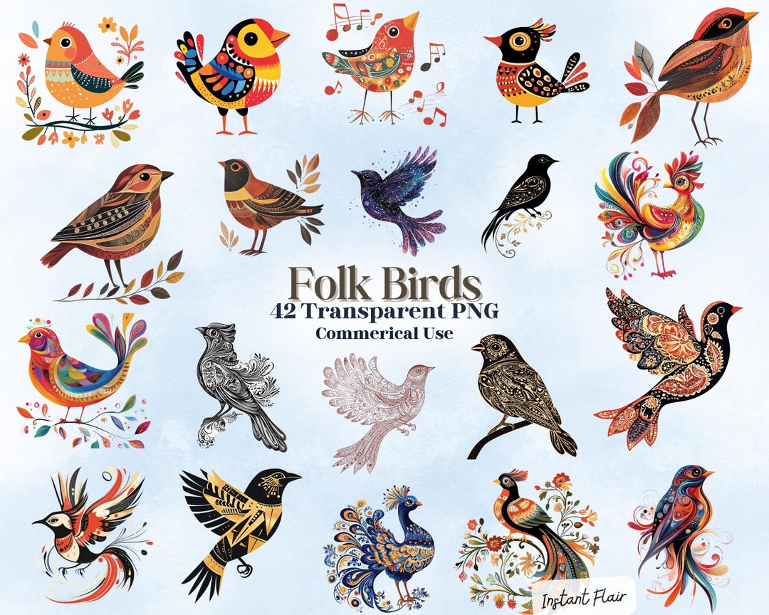 42 Folk Art Birds Clipart – Transparent PNG – Commercial Use – Instant ...