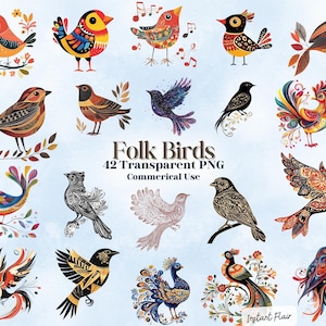 42 Folk Art Birds Clipart – Transparent PNG – Commercial Use – Instant ...