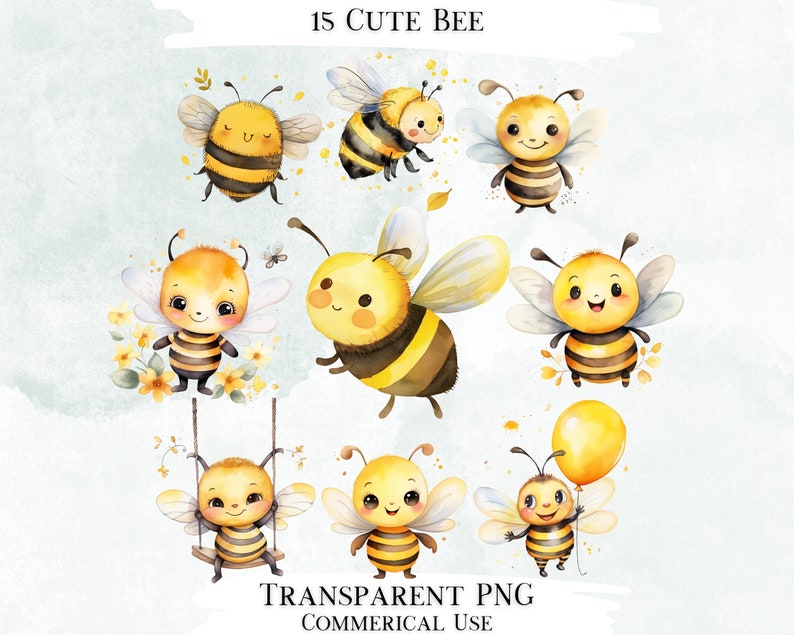 Cute Bee Clip Art Bundle, 15 Transparent PNG Designs, Decorative Images ...