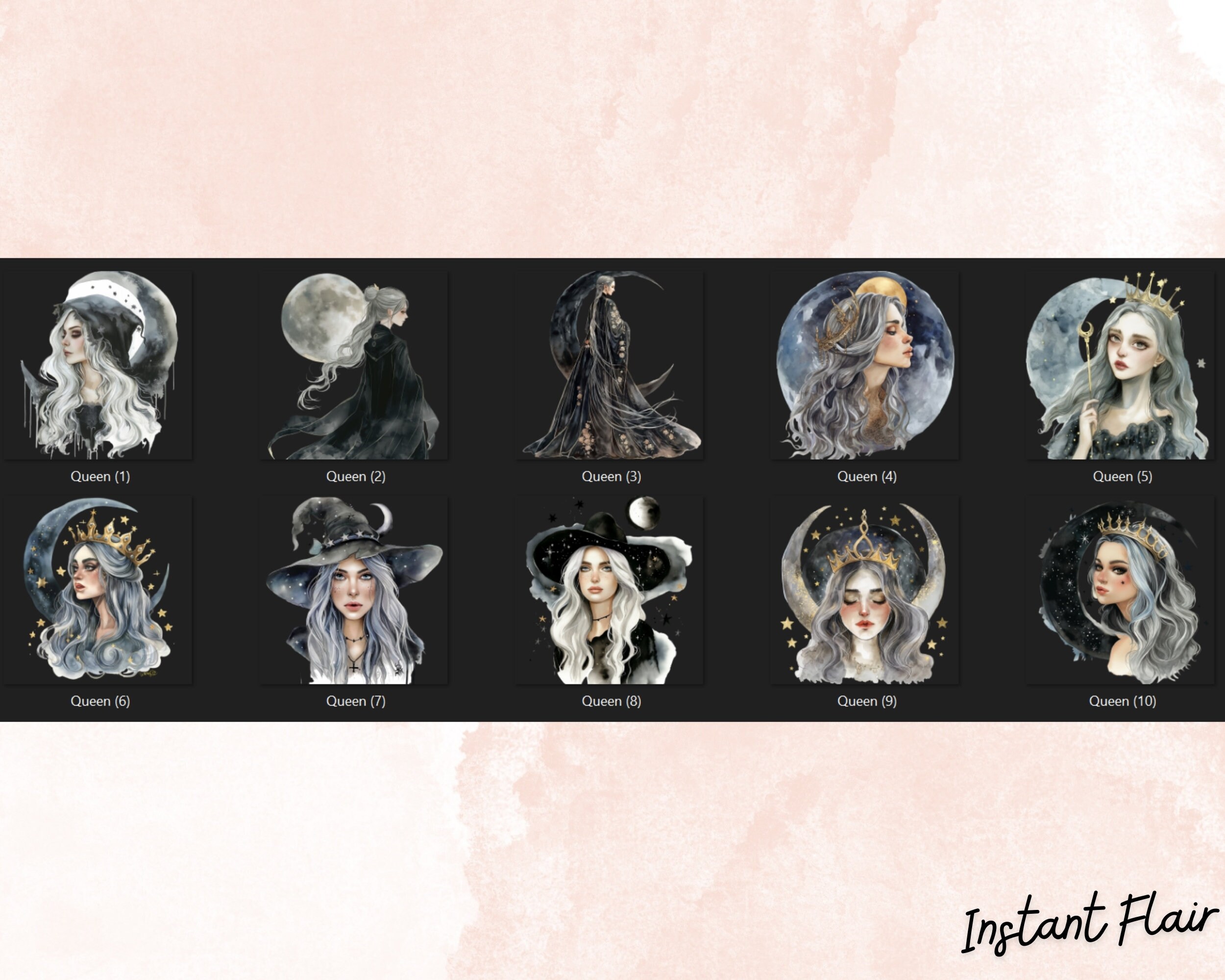 Lunar Queen Watercolor Clip Art Bundle, 10 Transparent PNG Designs ...