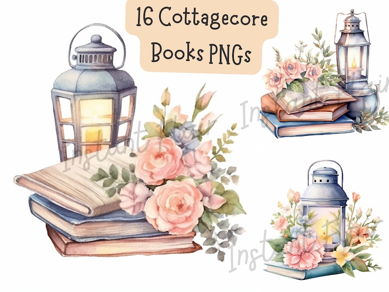Cottagecore Books Clip Art Bundle 16 PNG Designs Watercolor Cute Artsy ...