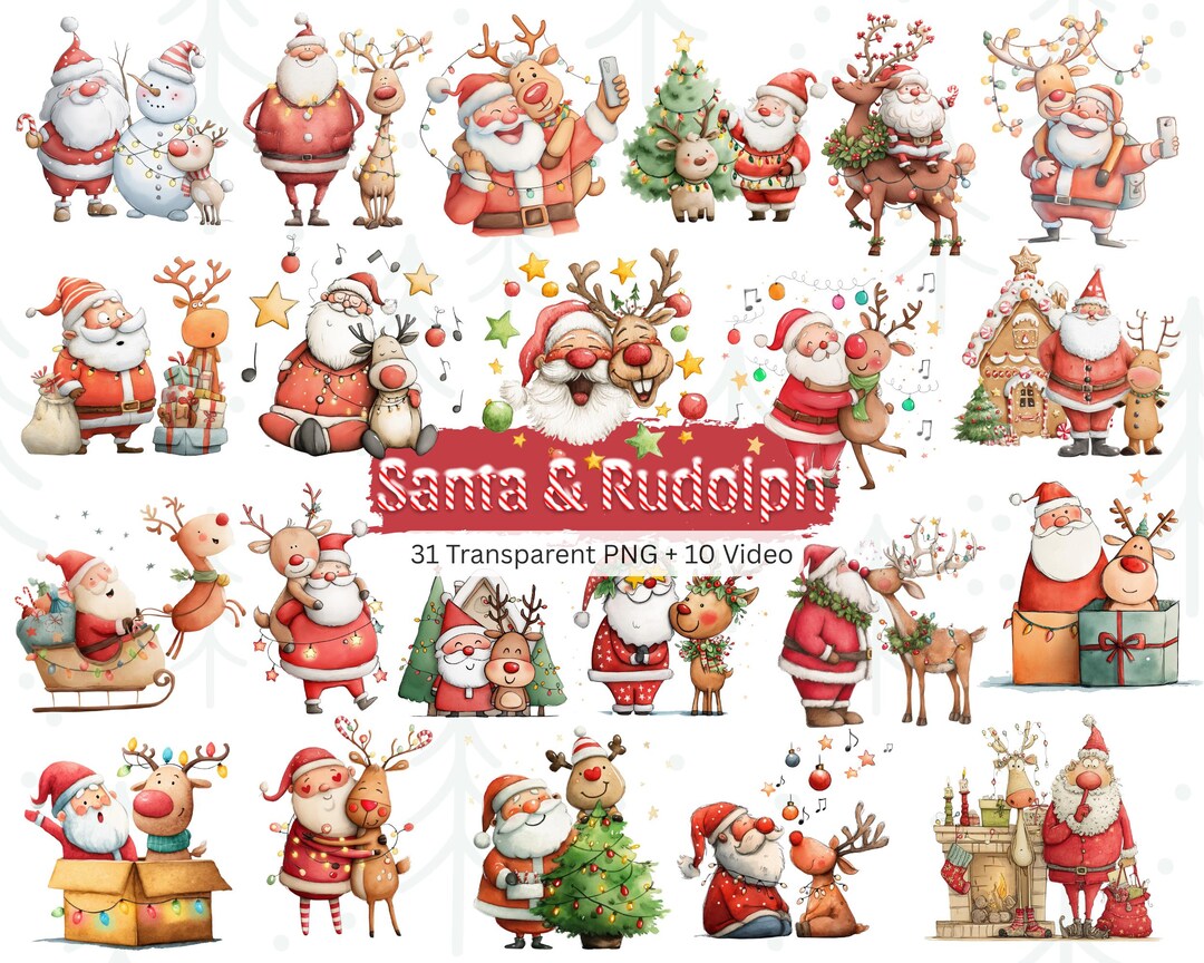 Santa and Rudolph Christmas Clipart | 31 PNG + 10 Video | Cute Holiday ...