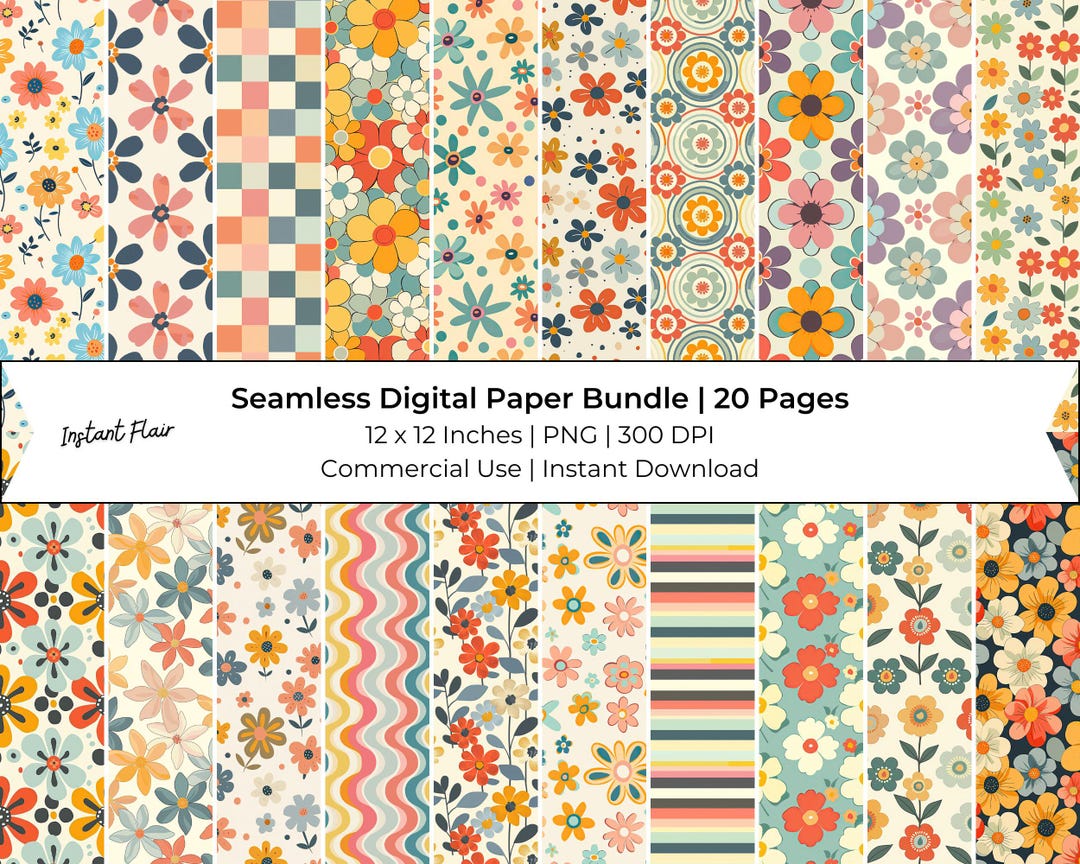 Retro Floral Seamless Digital Paper Bundle – Groovy Flower Patterns ...