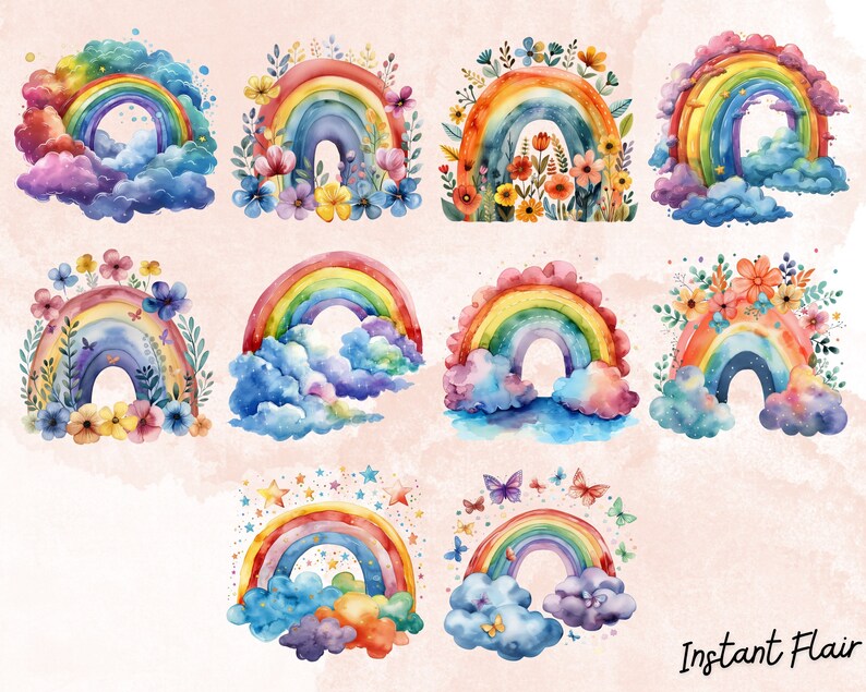 Watercolor Rainbow Clip Art Bundle, Transparent PNG Designs (digital ...
