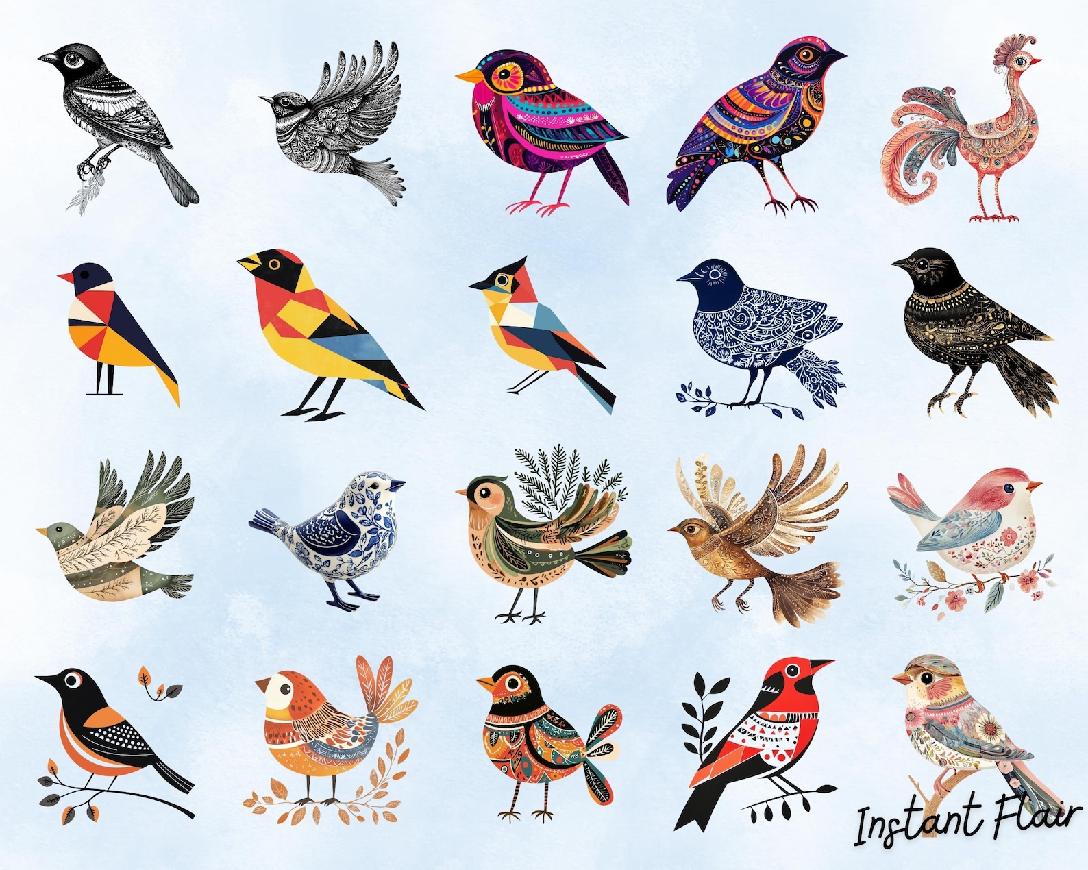 42 Folk Art Birds Clipart – Transparent PNG – Commercial Use – Instant ...