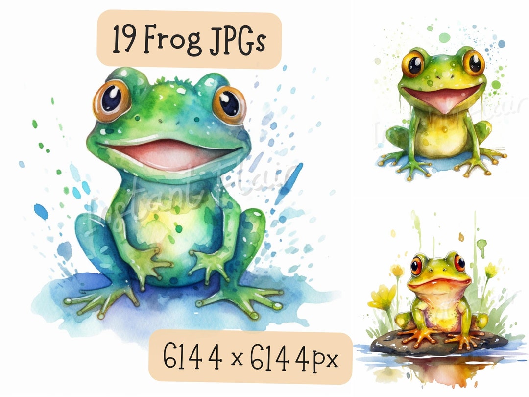 Frog Clip Art Bundle, 19 JPG Designs, Watercolor Cute Artsy Little ...