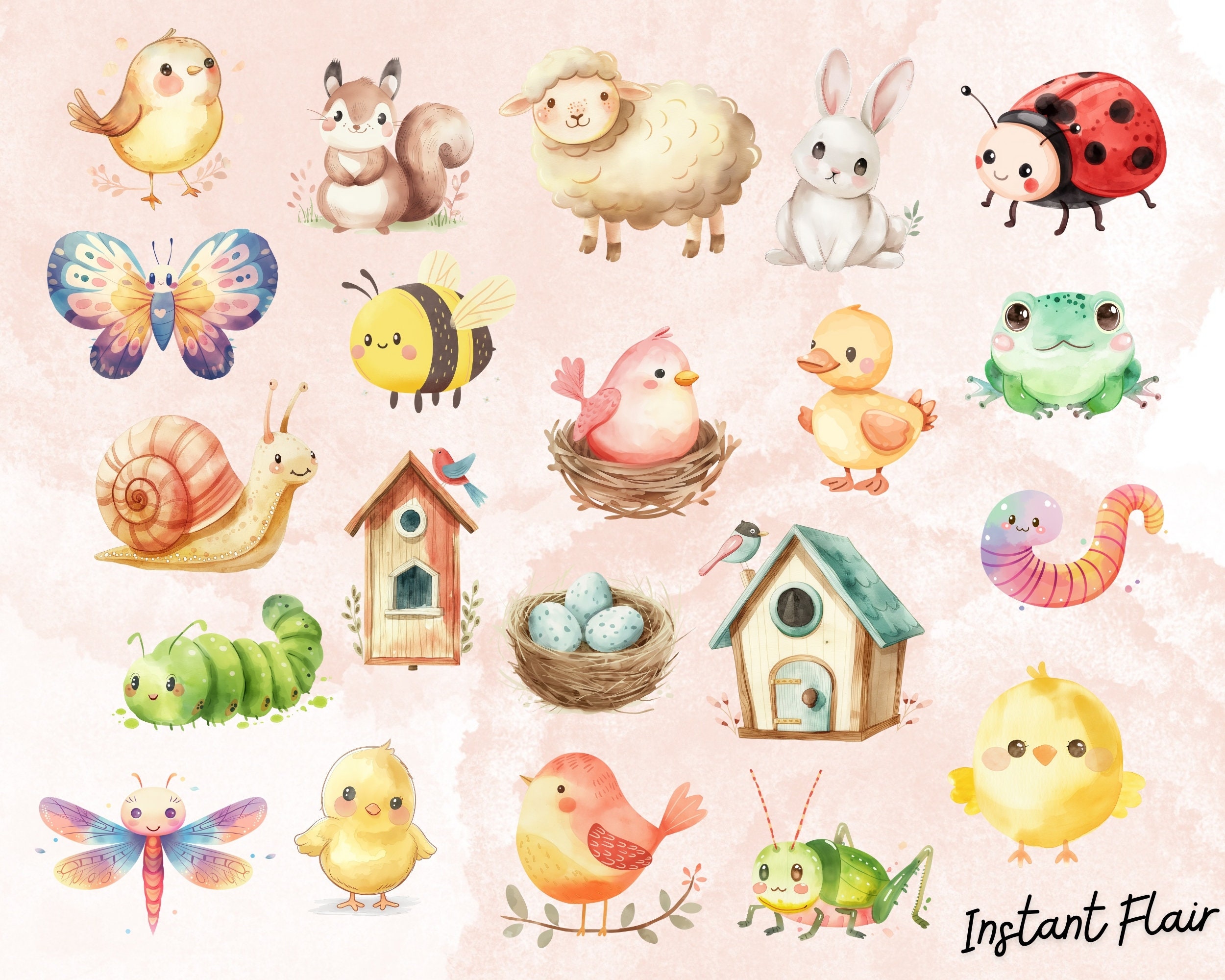 Happy Spring Clip Art Bundle, 60 Transparent PNG Designs, Decorative ...