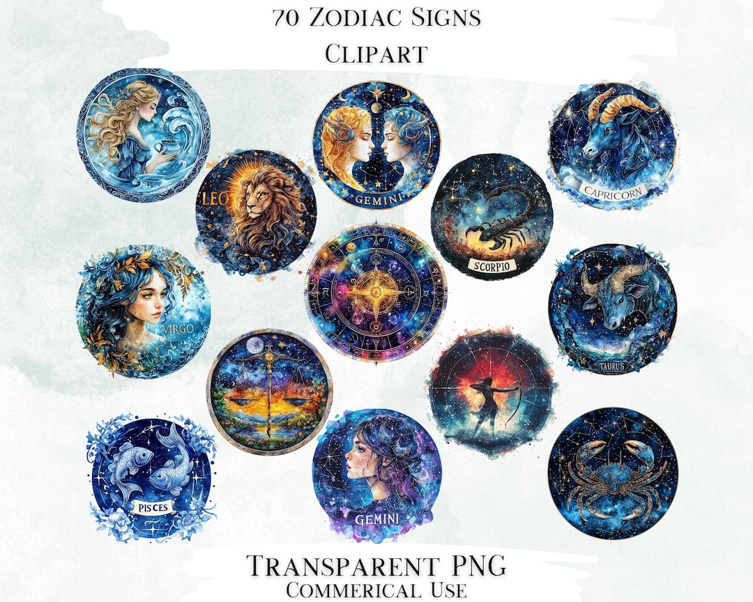Zodiac Signs Clip Art Bundle, 70 Transparent PNG Graphics, Decorative ...