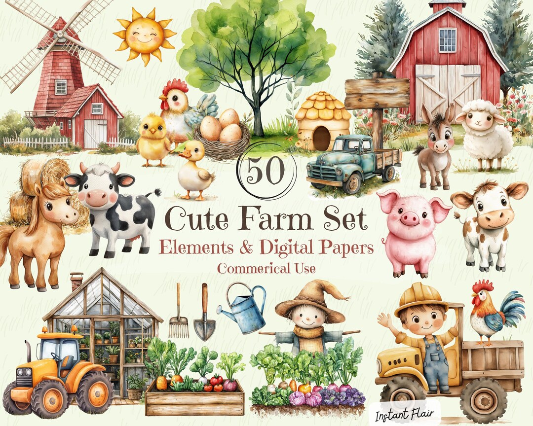 Watercolor Farm Clipart Set – 35 Elements, 15 Digital Papers (instant ...