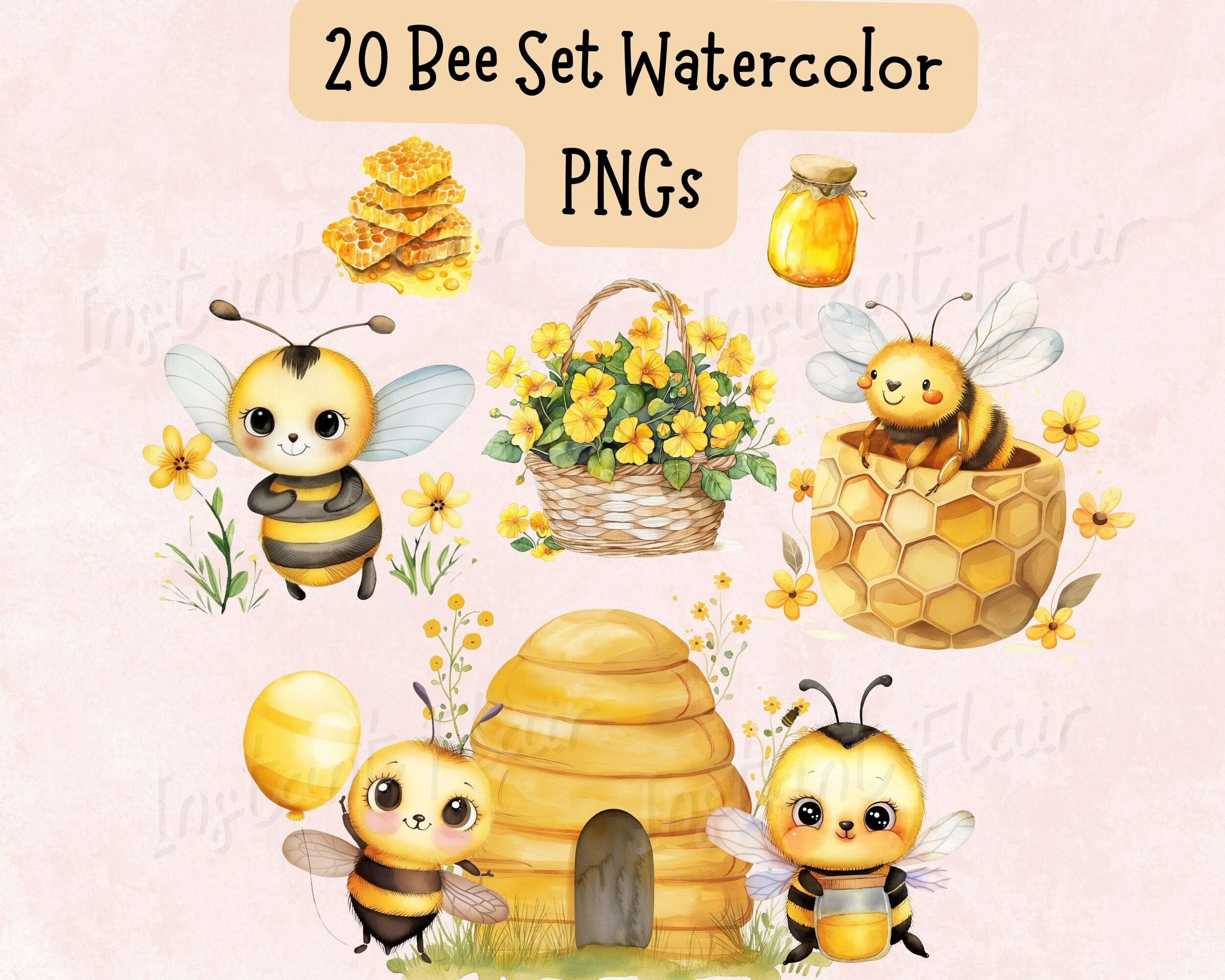 Bee Set Watercolor Clip Art Bundle, Transparent PNG Designs, Decorative ...
