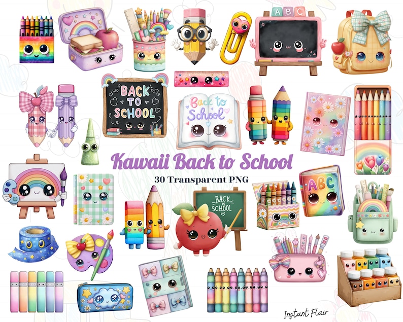 Kawaii Back to School Clipart – School Supplies PNG Graphics (digital ...