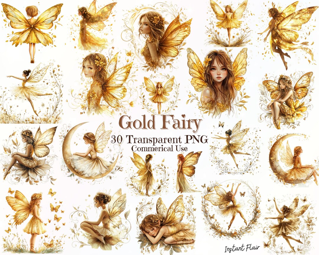 Gold Fairy Clipart, Magical Watercolor PNG, Enchanted Fairy Art ...