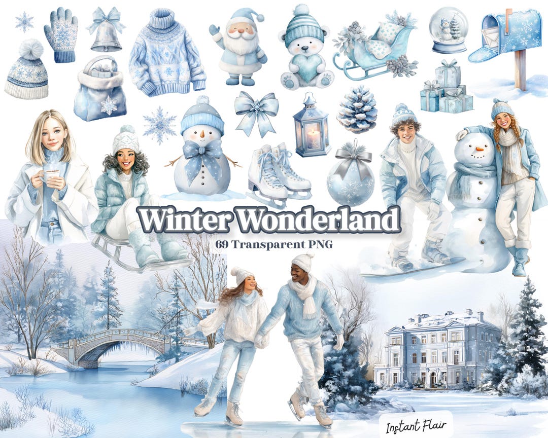 Winter Wonderland Clip Art Bundle, Watercolor PNG Graphics (digital ...