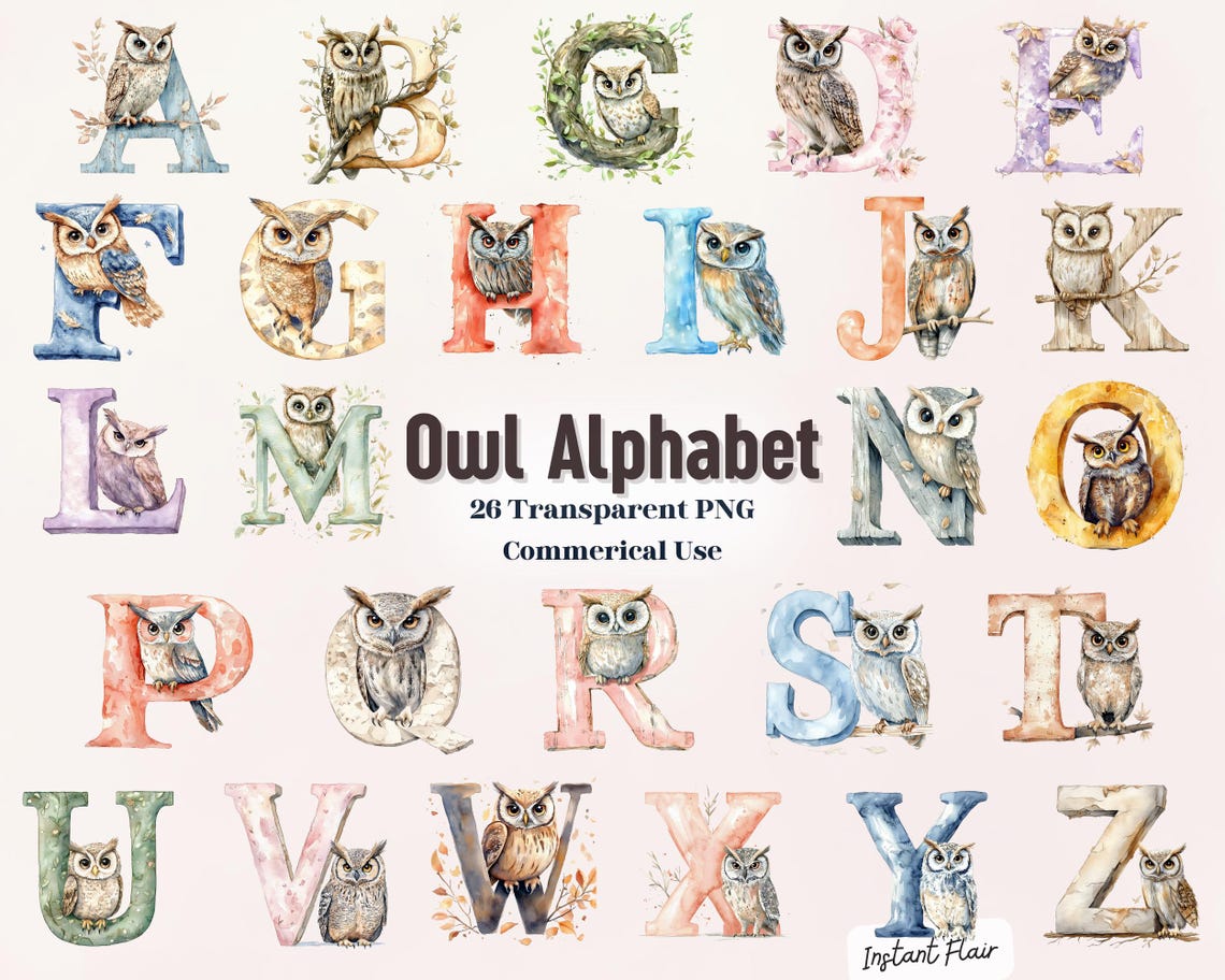 Owl Alphabet Clipart – A-Z Watercolor Letters (PNG Digital Download) - Etsy