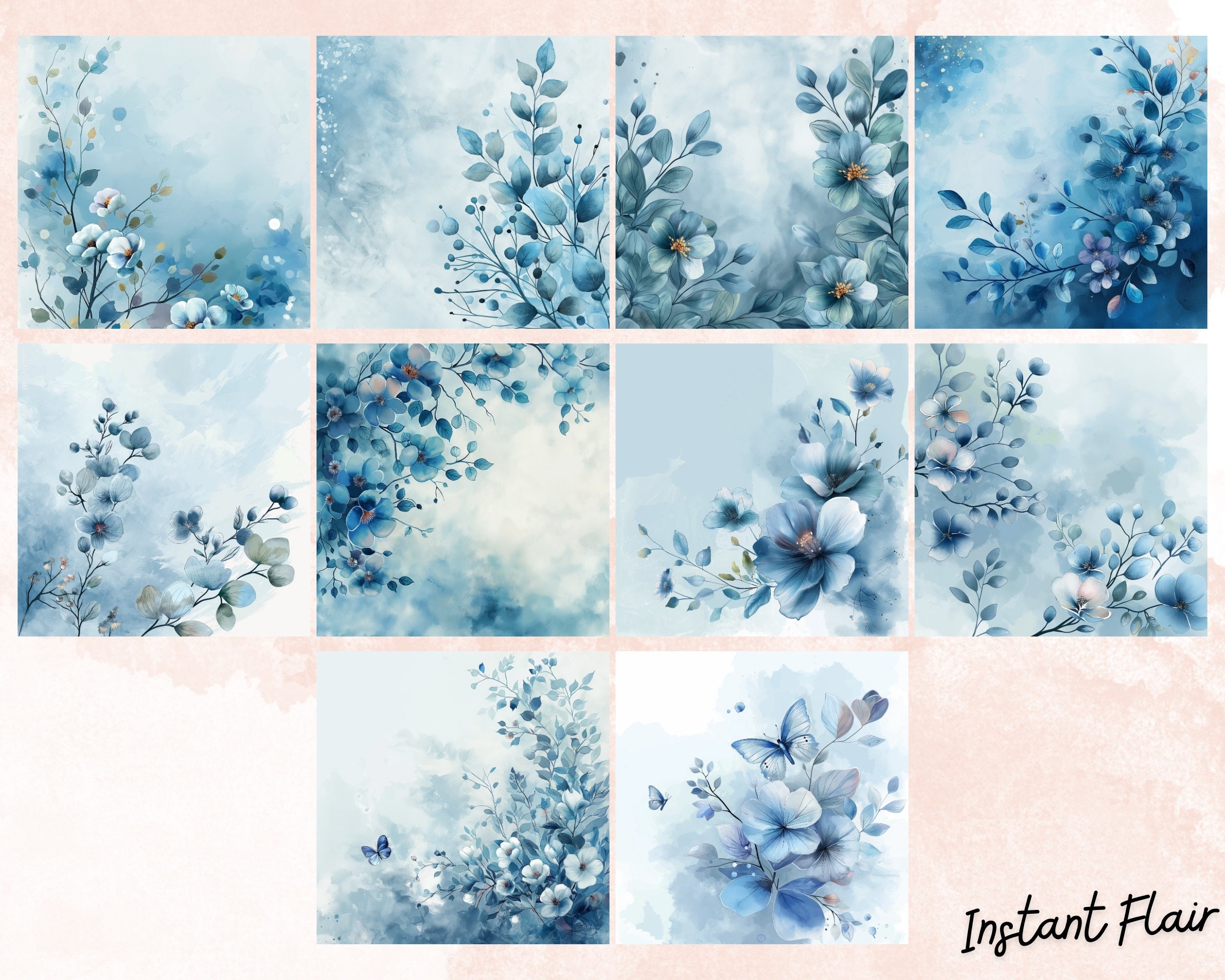 Blue Floral Watercolor Digital Paper: 20 Pages Collage Sheets and Junk ...