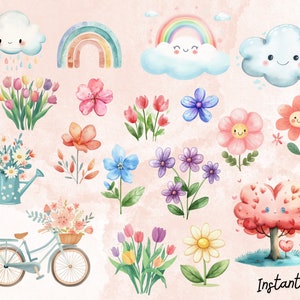 Happy Spring Clip Art Bundle, 60 Transparent PNG Designs, Decorative ...