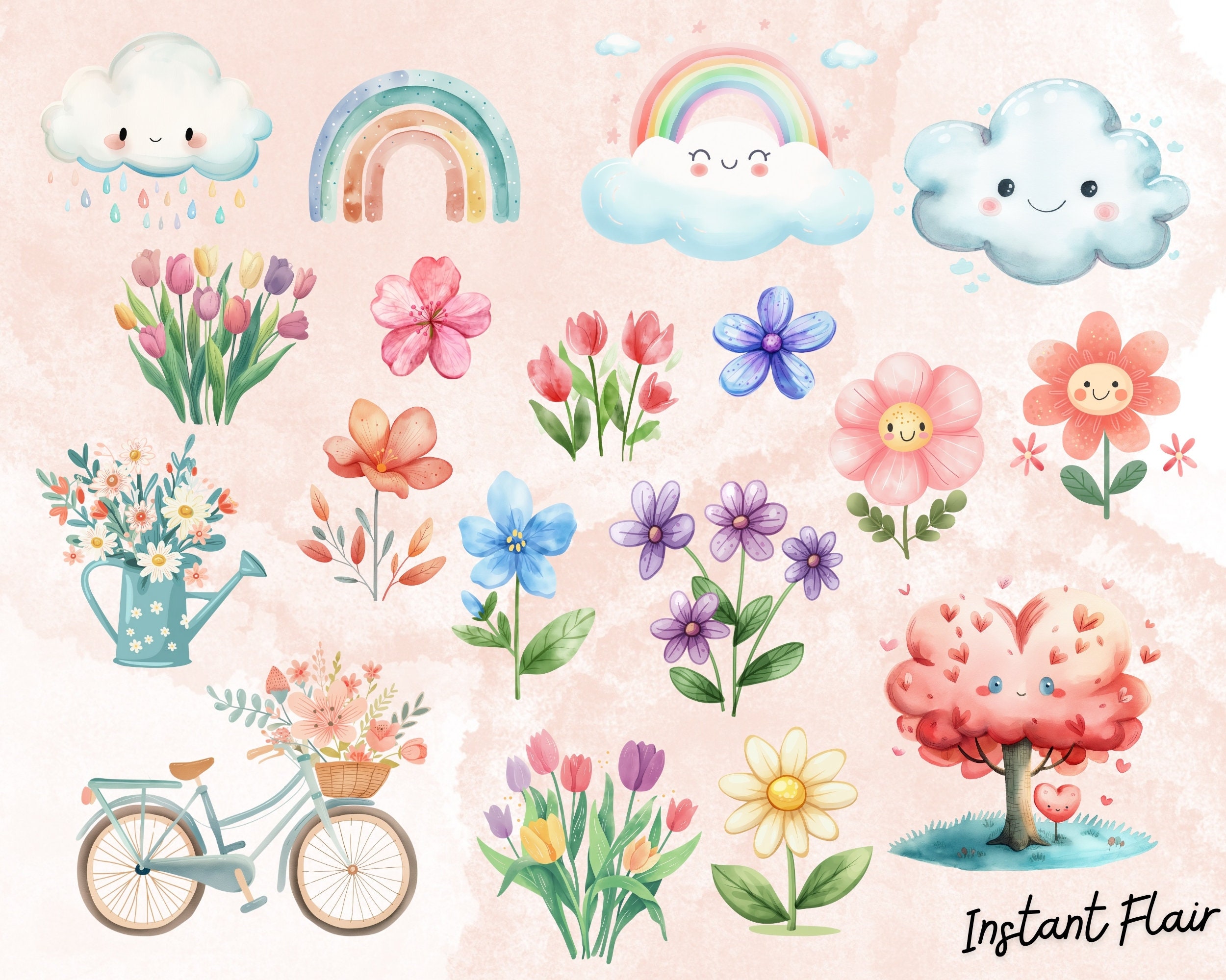 Happy Spring Clip Art Bundle, 60 Transparent PNG Designs, Decorative ...