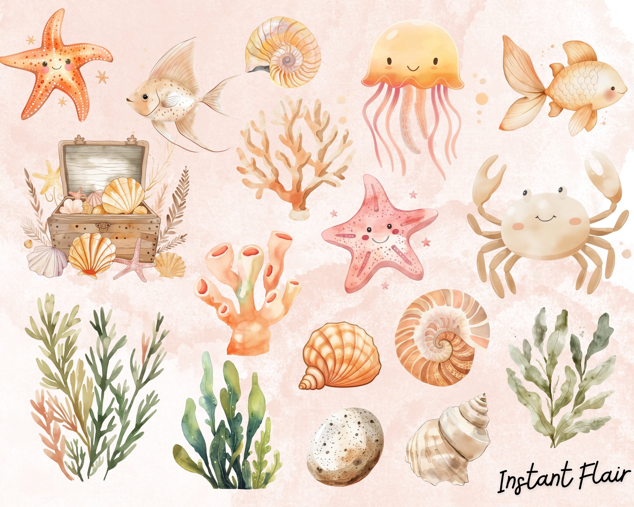 Watercolor Sea Life Clip Art Bundle, Transparent PNG Designs ...