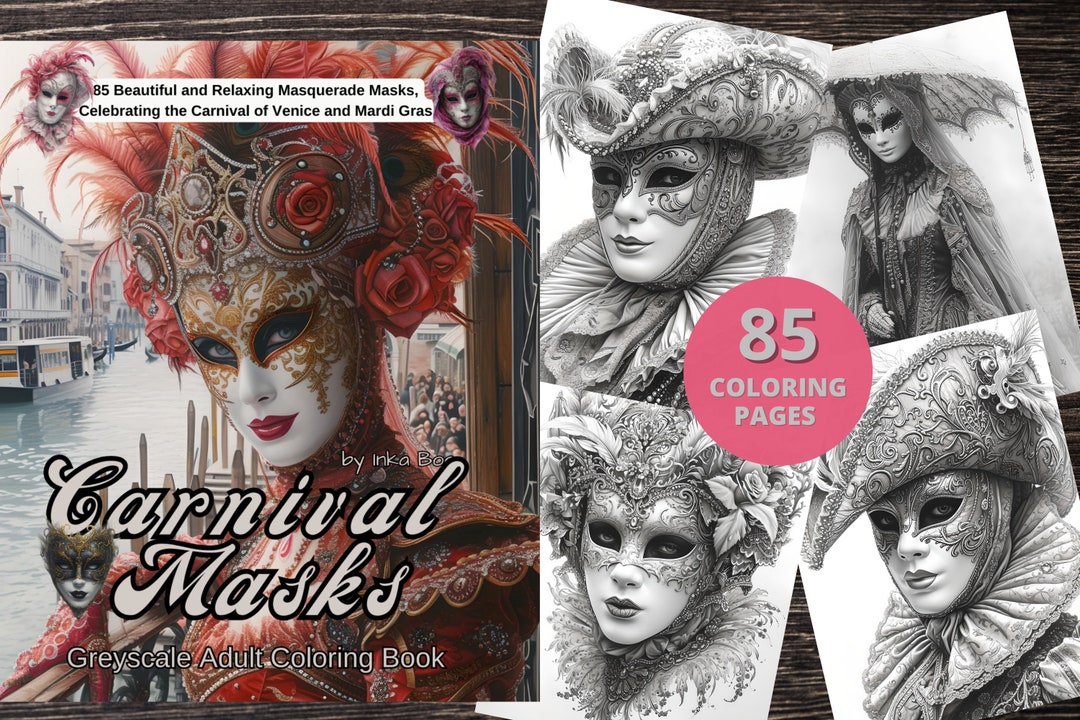 Venice Carnival Masks Grayscale Coloring Book, Mardi Gras Masquerade ...