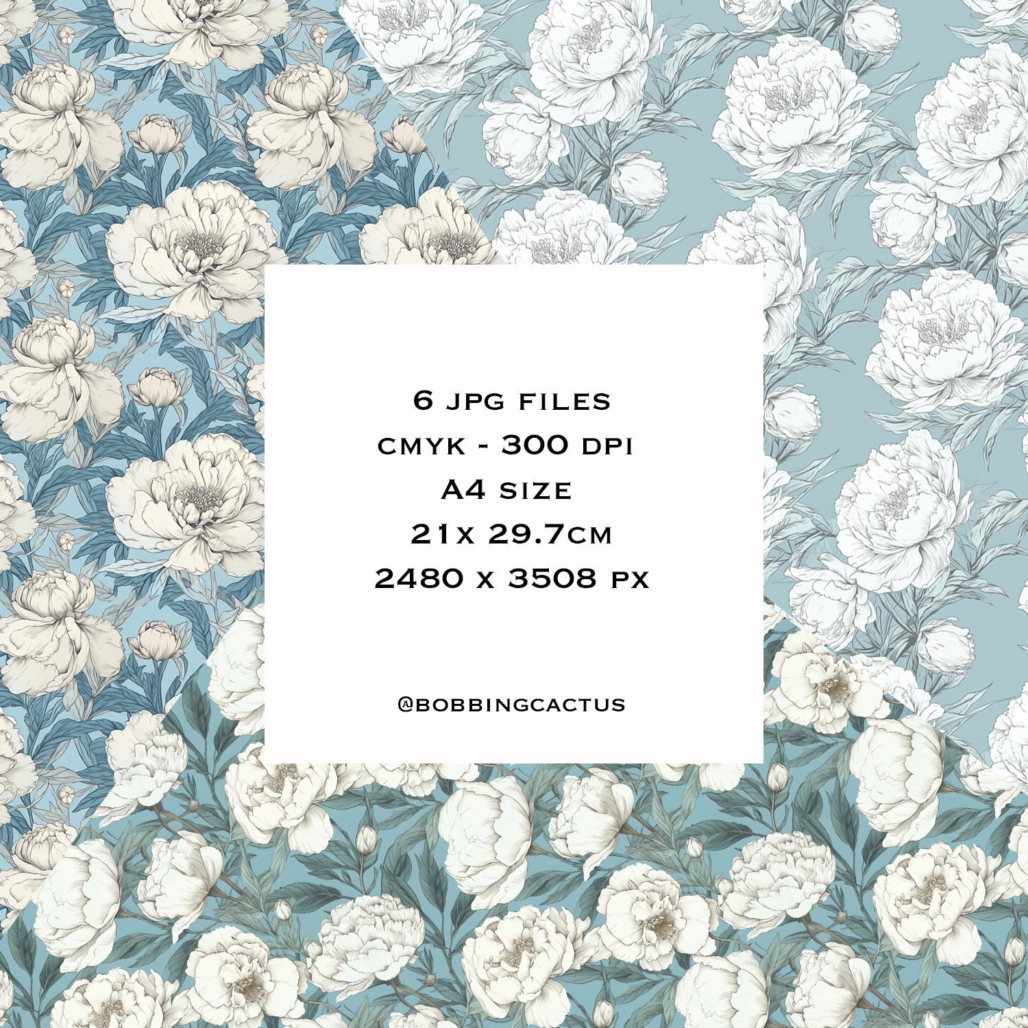 BLUE Peony Floral Digital Paper, Vintage Powder Blue White Pastel ...