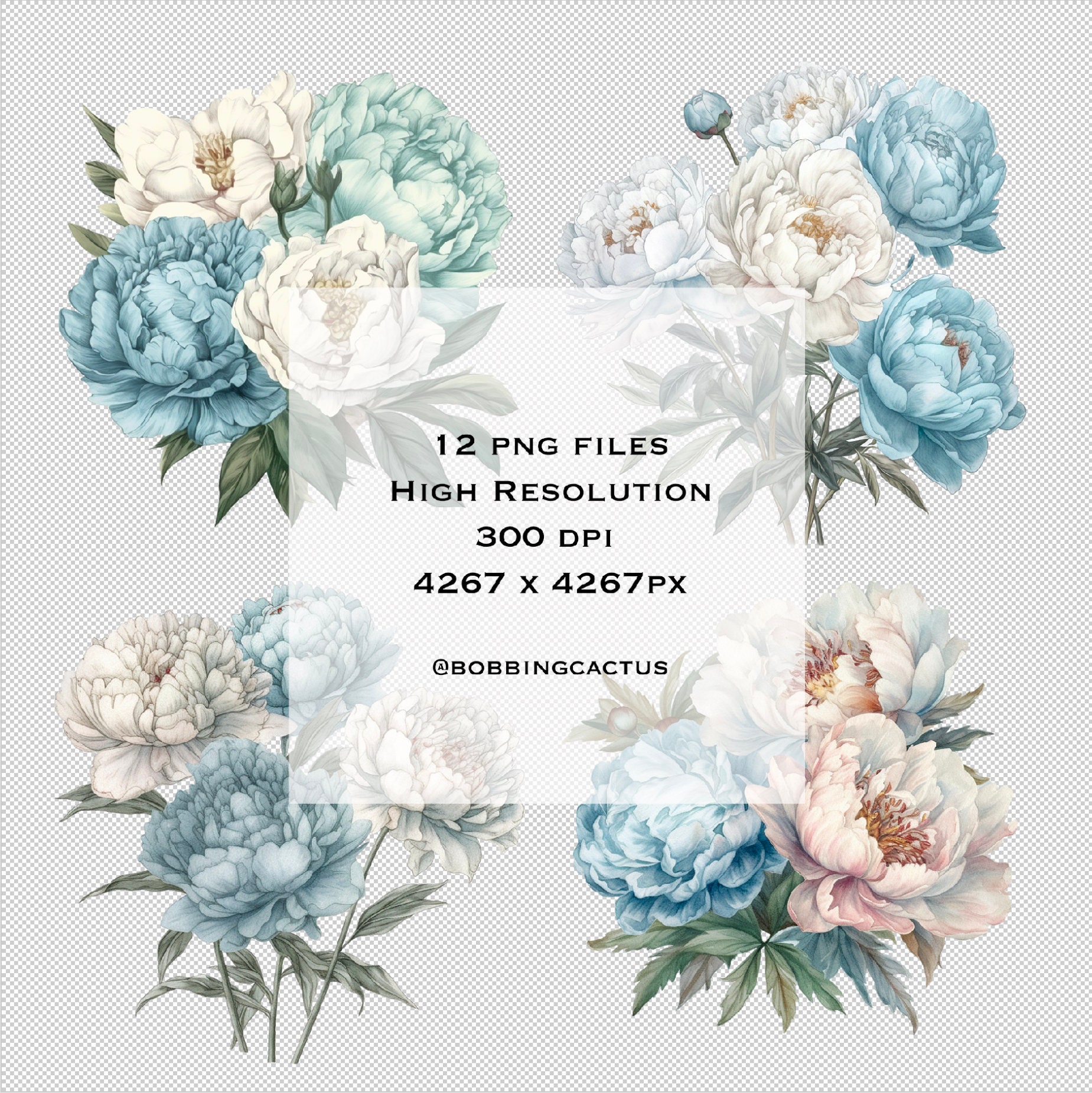Baby Blue White Peony Bouquet Clip Art Watercolour Digital Download PNG ...
