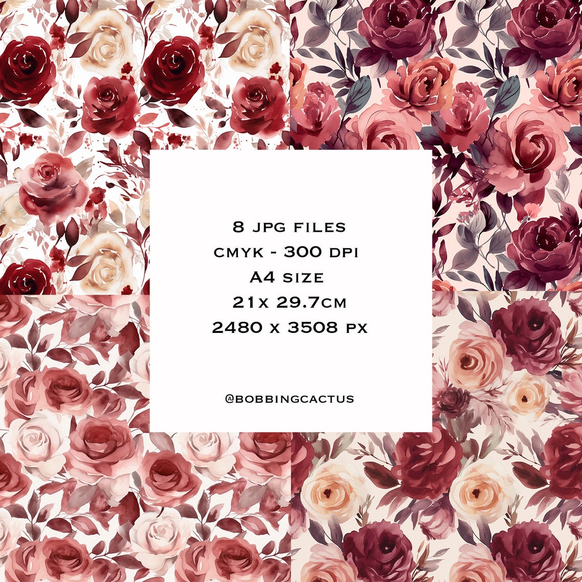 Rose Red Floral Digital Paper, Vintage Powder Burgundy Wine Red Flower ...