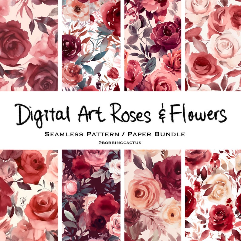 Rose Red Floral Digital Paper, Vintage Powder Burgundy Wine Red Flower ...