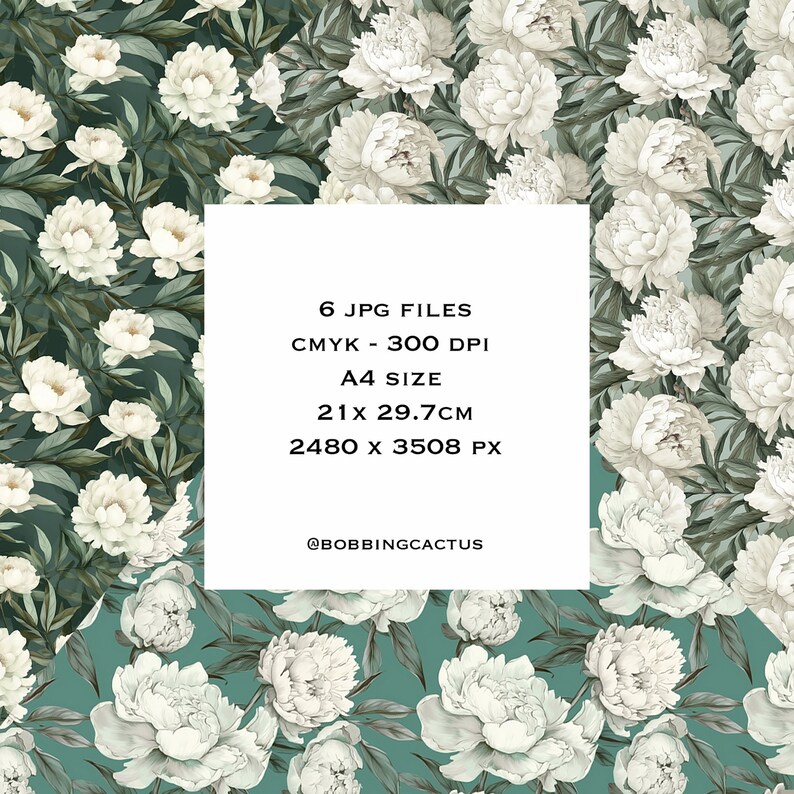 Peony Floral Digital Paper, Vintage White Peony Seamless Pattern, White ...