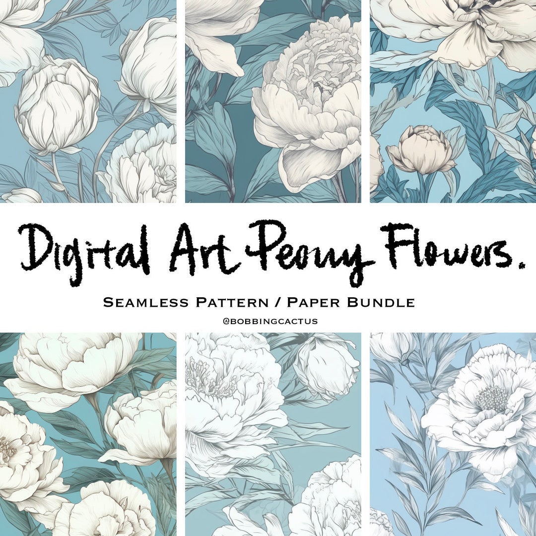 BLUE Peony Floral Digital Paper, Vintage Powder Blue White Pastel ...