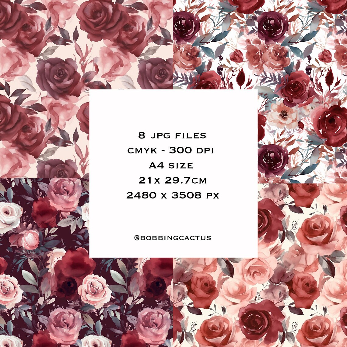 Rose Red Floral Digital Paper, Vintage Powder Burgundy Wine Red Flower ...