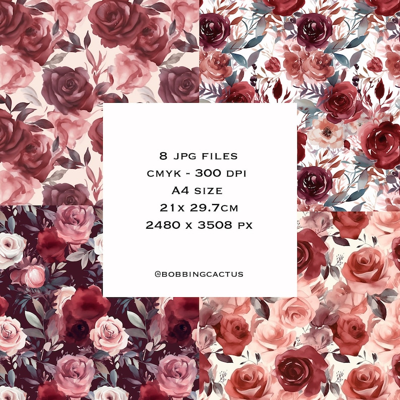 Rose Red Floral Digital Paper, Vintage Powder Burgundy Wine Red Flower ...