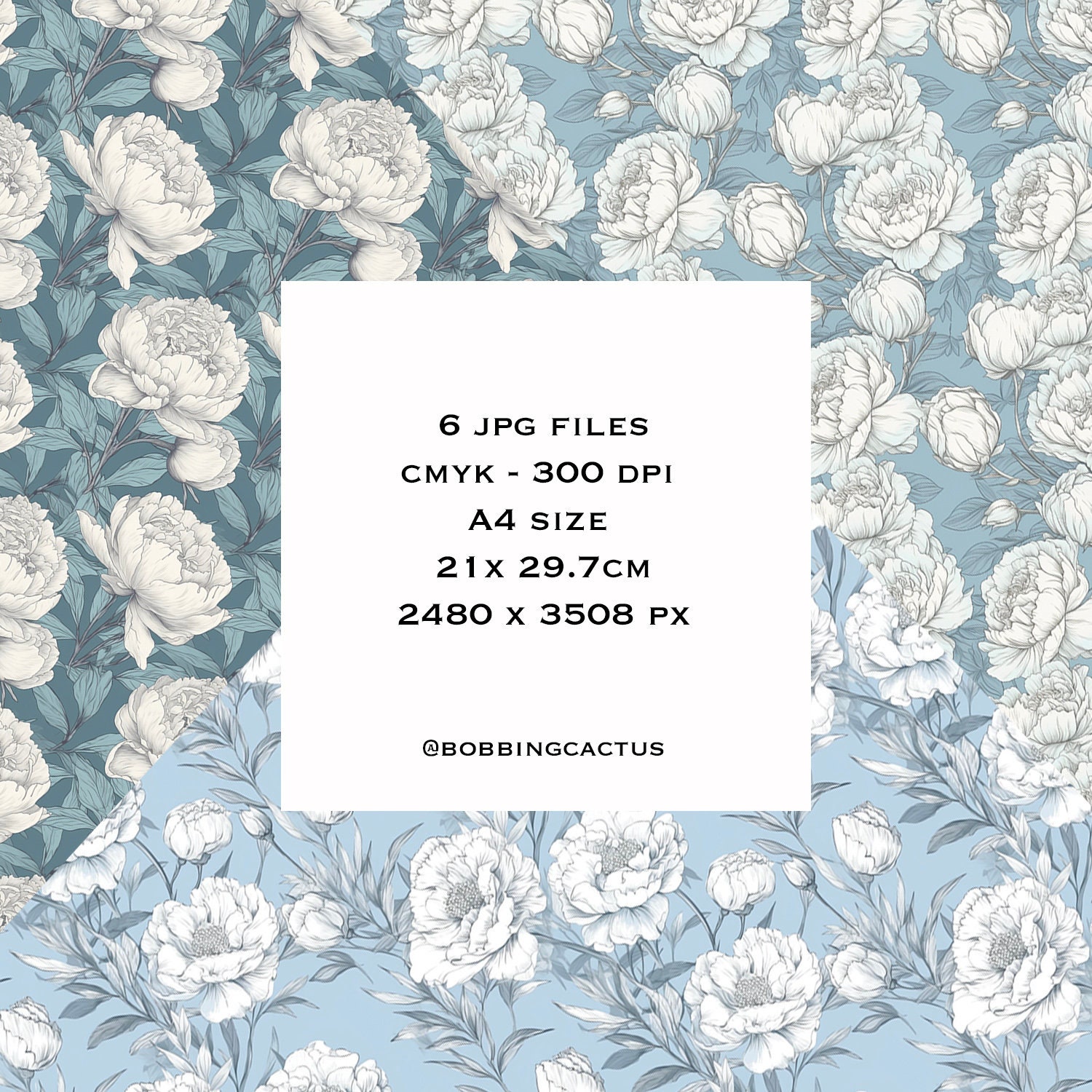 BLUE Peony Floral Digital Paper, Vintage Powder Blue White Pastel ...