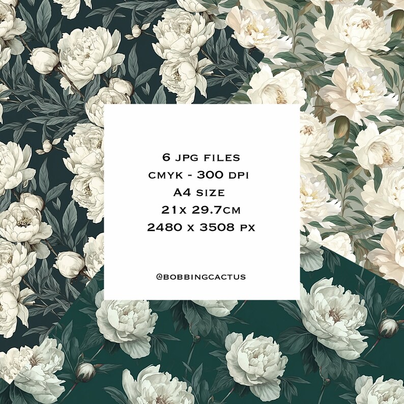 Peony Floral Digital Paper, Vintage White Peony Seamless Pattern, White ...