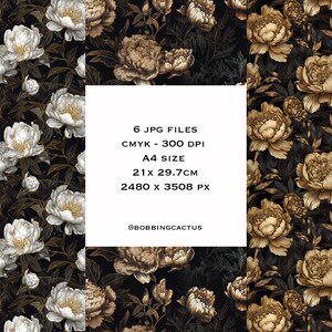 Black Gold Peony Floral Digital Paper Vintage Bronze Peony - Etsy