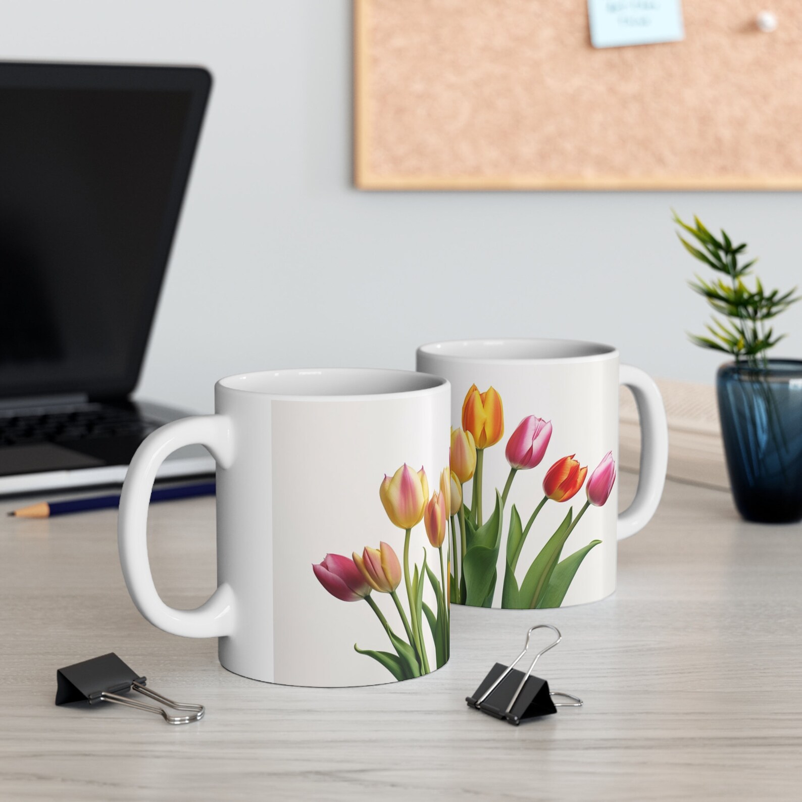 Floral Ceramic Mug, Tulip Flower Design, Yellow Pink Red Green Leaves ...