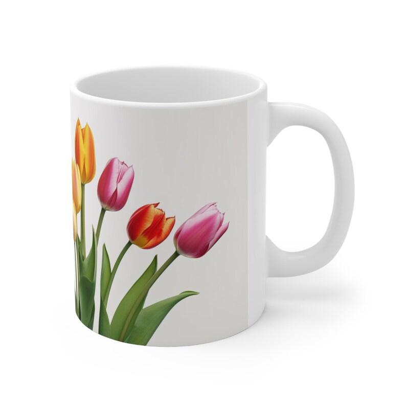 Floral Ceramic Mug, Tulip Flower Design, Yellow Pink Red Green Leaves ...