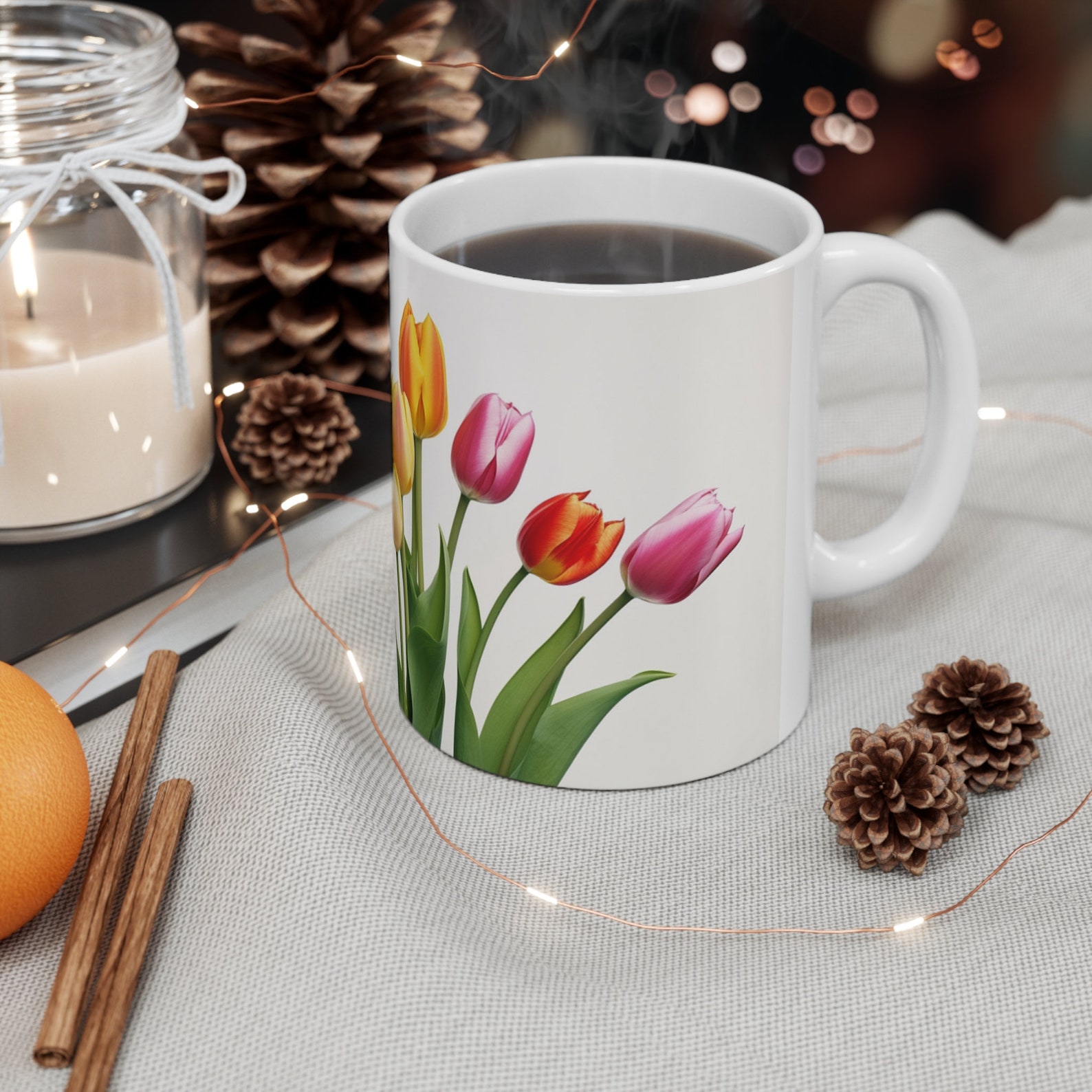 Floral Ceramic Mug, Tulip Flower Design, Yellow Pink Red Green Leaves ...
