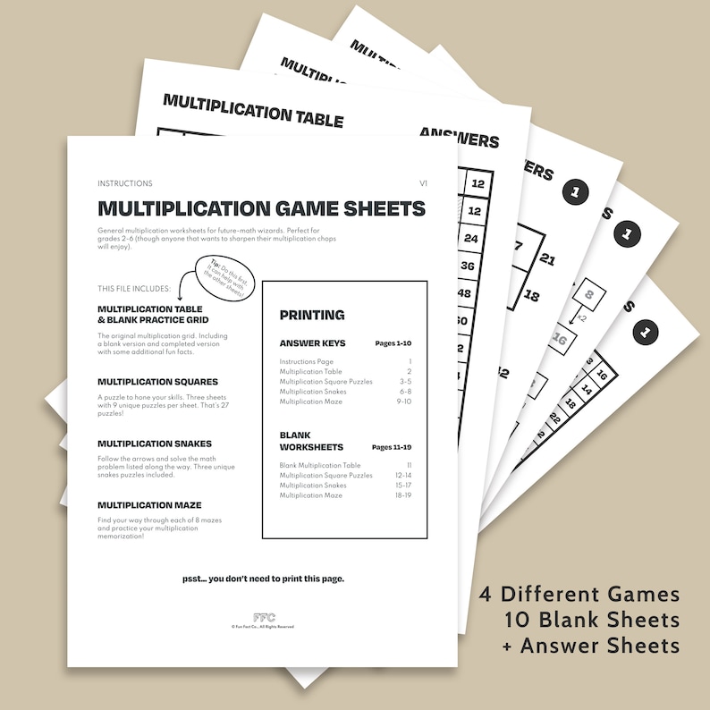 Multiplication GAMES, Printable Math Worksheets, 19 Pages, 4 Game Types ...