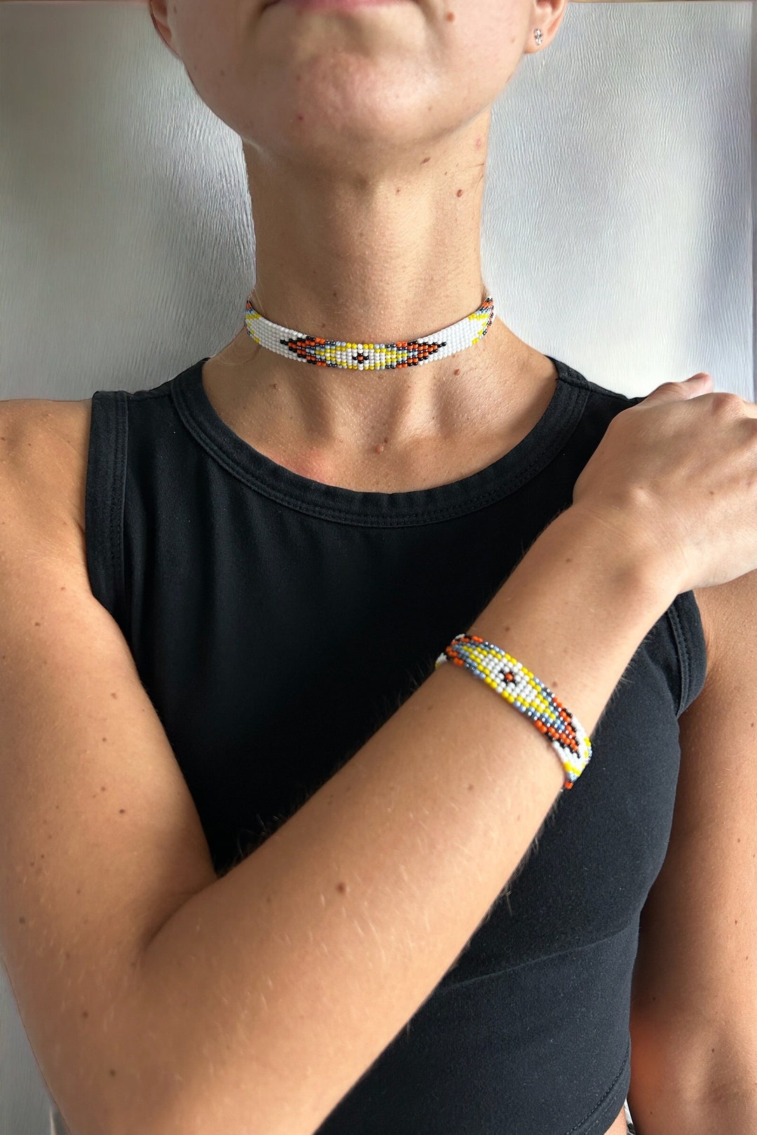 Beaded Boho Jewelry Set, Loom Beaded Choker and Bracelet, Handmade ...