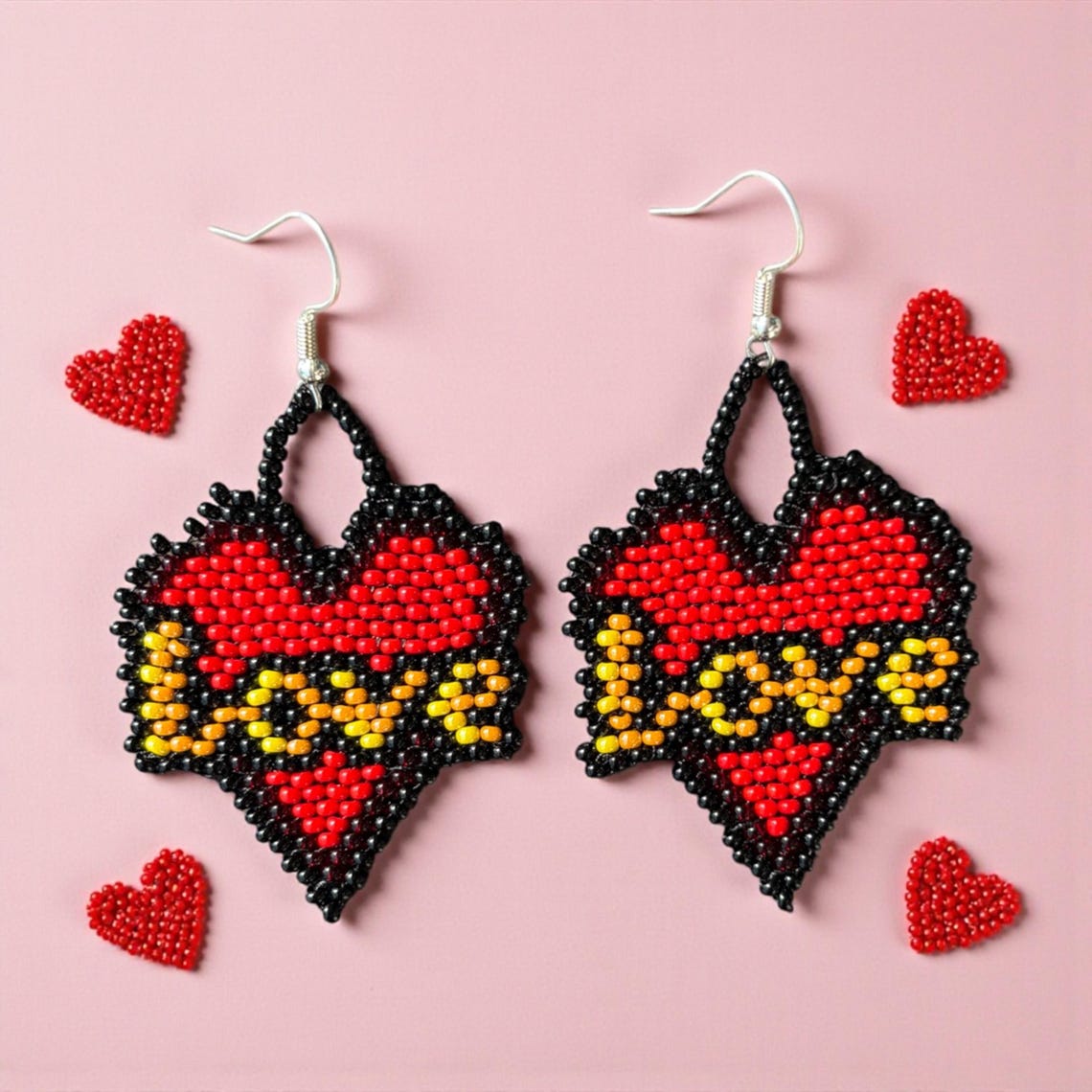 Heart Earrings, Handmade Beaded Love Earrings, Valentine's Day Earrings ...