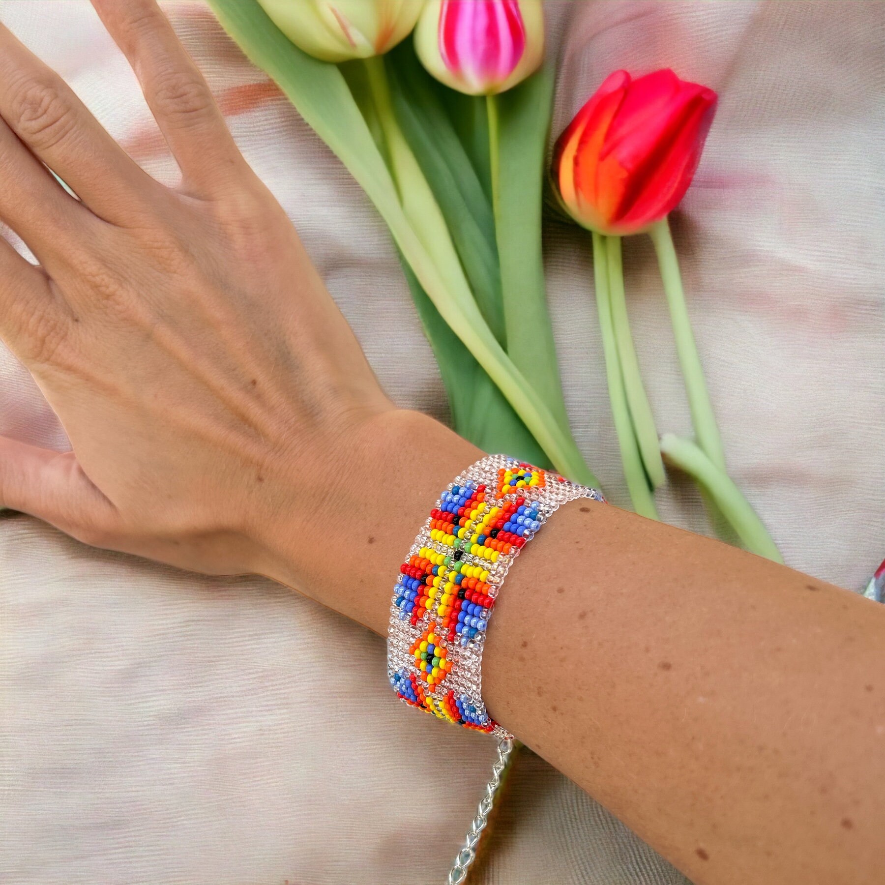 Loom Beaded Bracelet in 2 Background Colors, Boho Seed Bead Bracelet ...